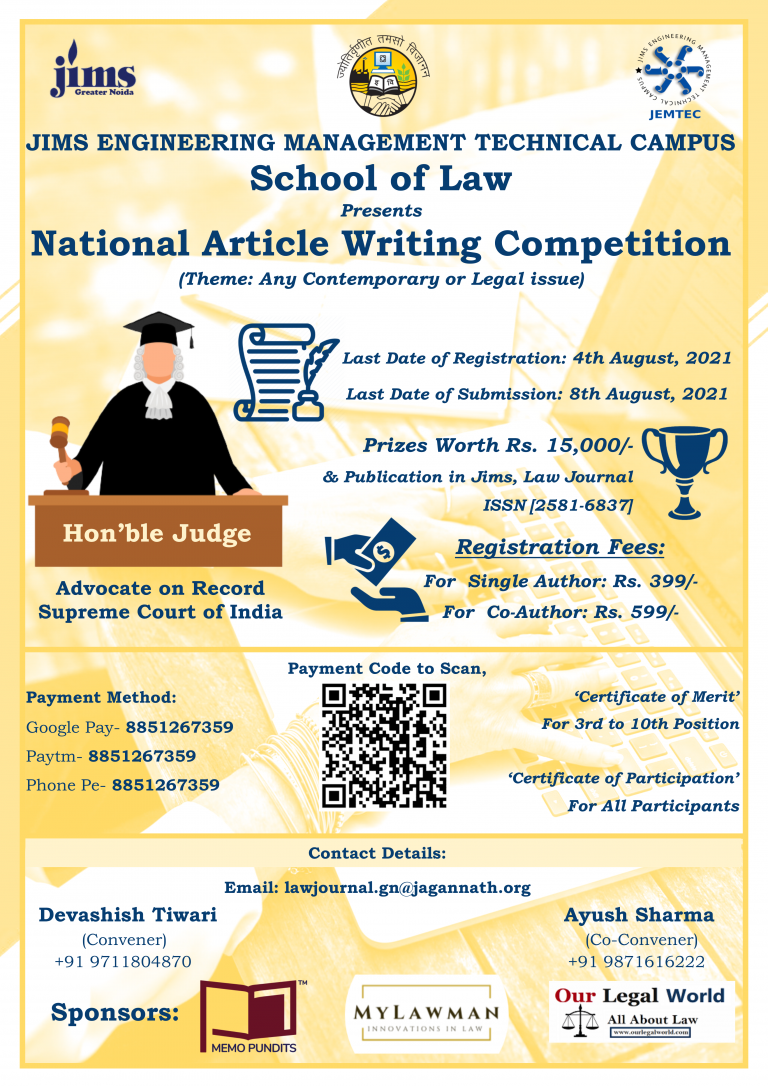 NATIONAL ARTICLE WRITING COMPETITION BY JIMS SCHOOL OF LAW : REGISTER NOW!!