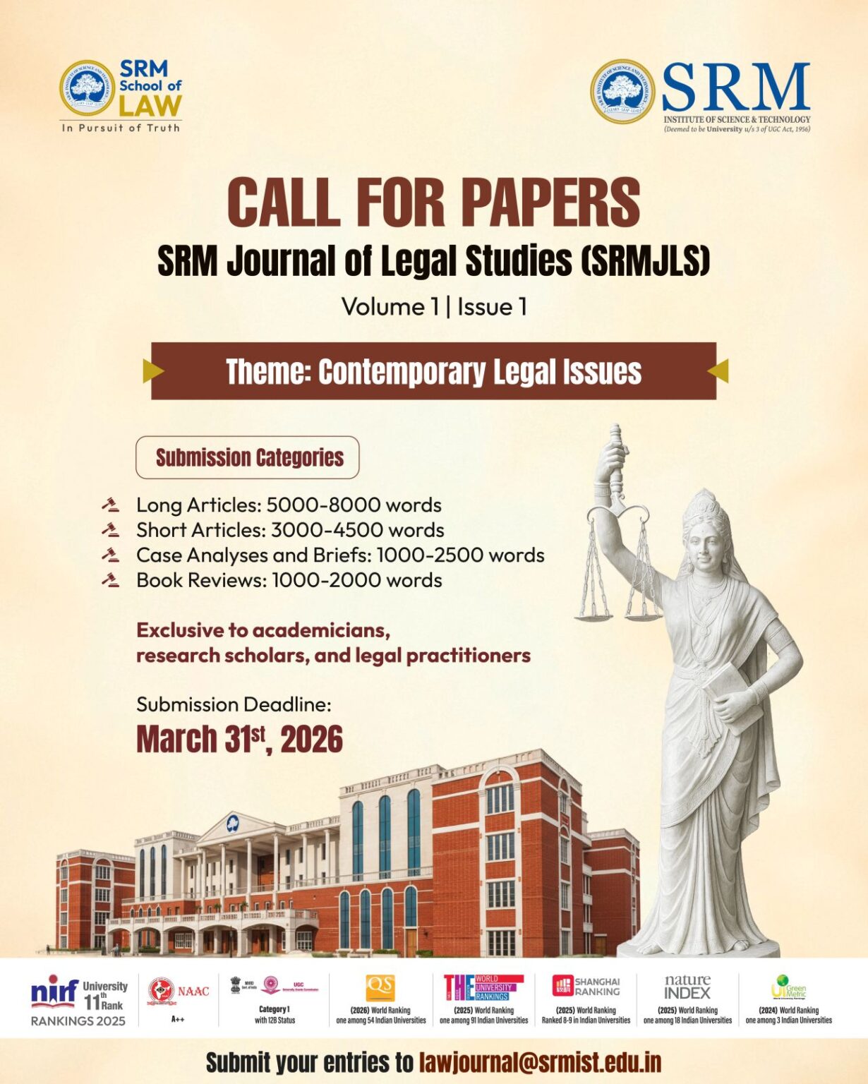 Call for Papers | SRM Journal of Legal Studies (SRMJLS) | Volume 1 ...