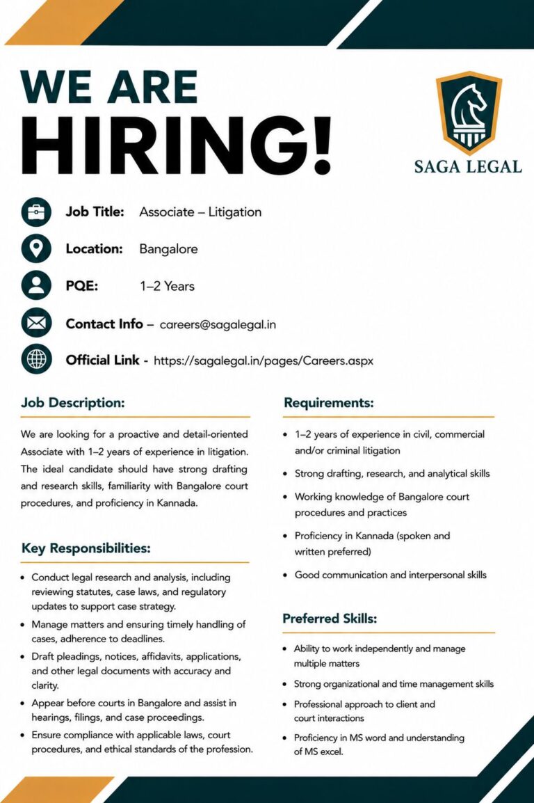 Job Opportunity | Associate – Litigation | Saga Legal | Bangalore